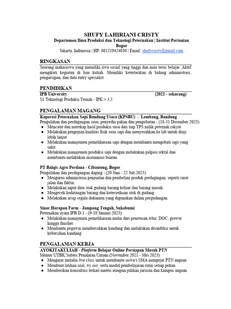 CV ATS - Shufy Lahiriani Cristy | PDF