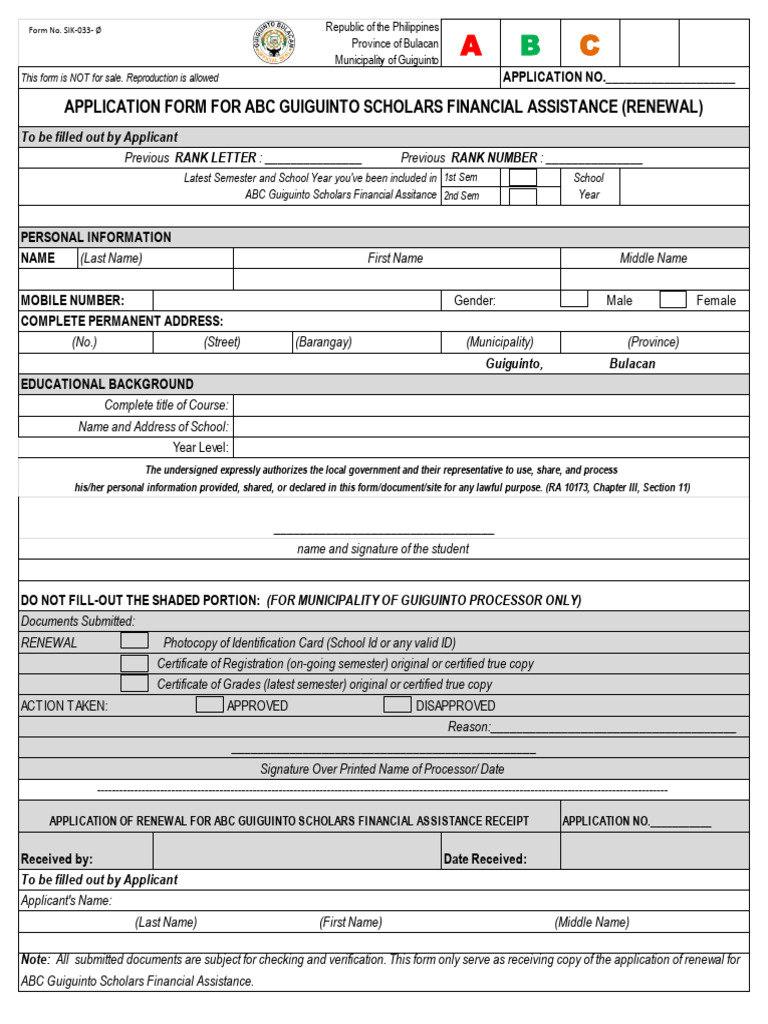 Guiguinto Scholars Renewal Application | PDF | Identity Document ...