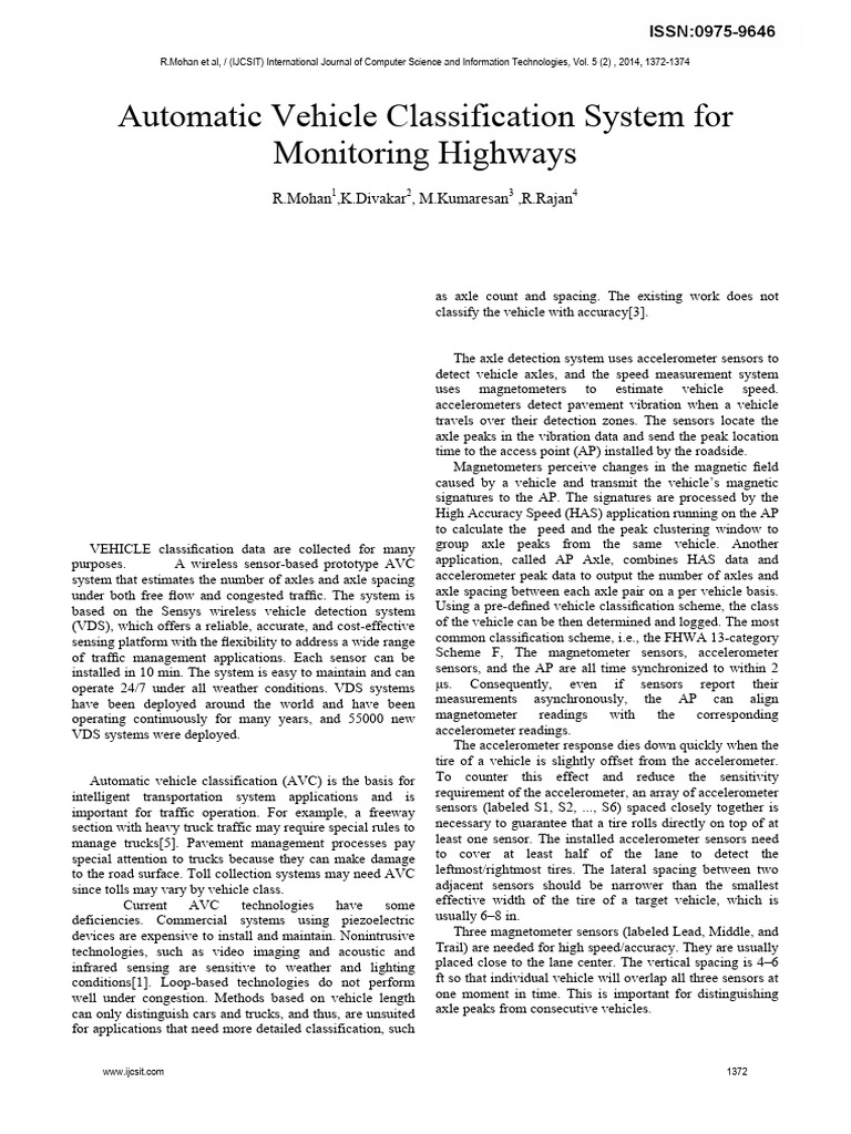 Automatic Vehicle Classification System For Monitoring Highways | PDF ...