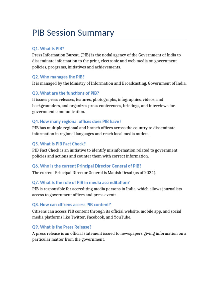 PIB Session Summary | PDF