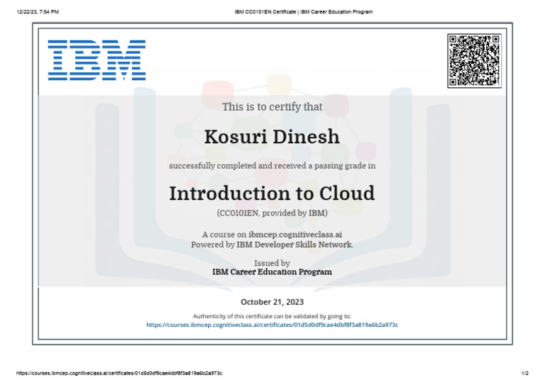 IBM CC0101EN Certificate - IBM Career Education Program | PDF