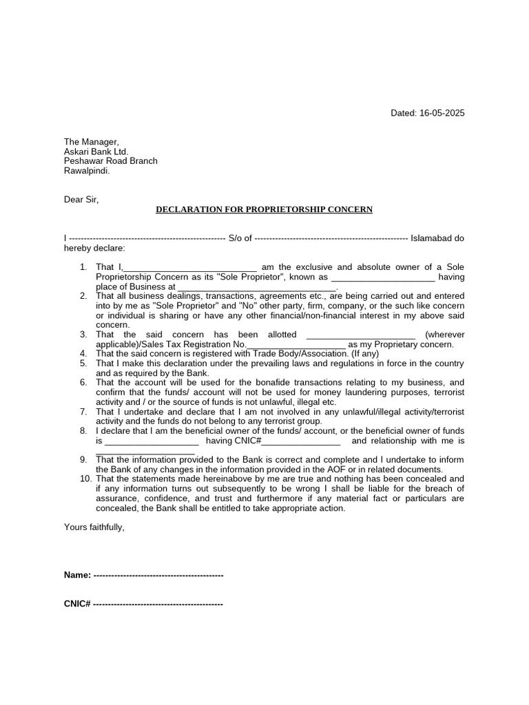 Sole Proprietor Declaration Template | PDF | Sole Proprietorship | Business