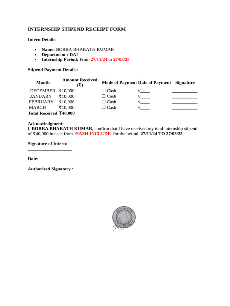 Internship Stipend Receipt Form | PDF