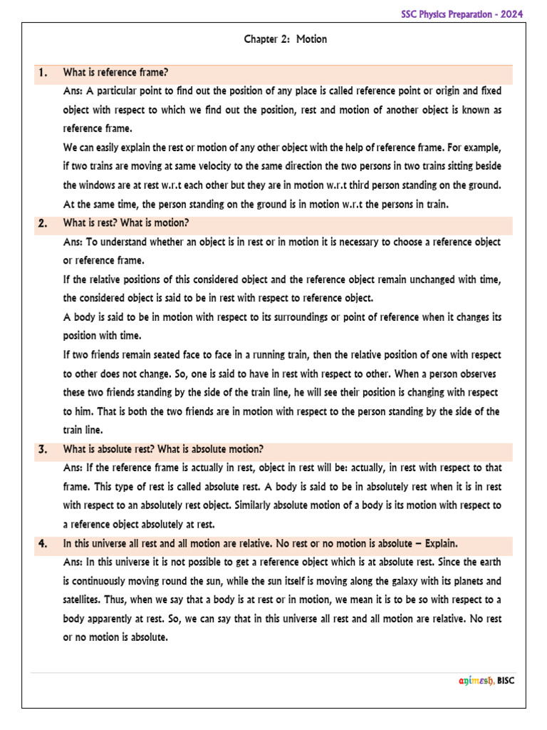 Short Questions For A and B - Chapter 2 Motion - 1717240137 | PDF | Acceleration | Speed
