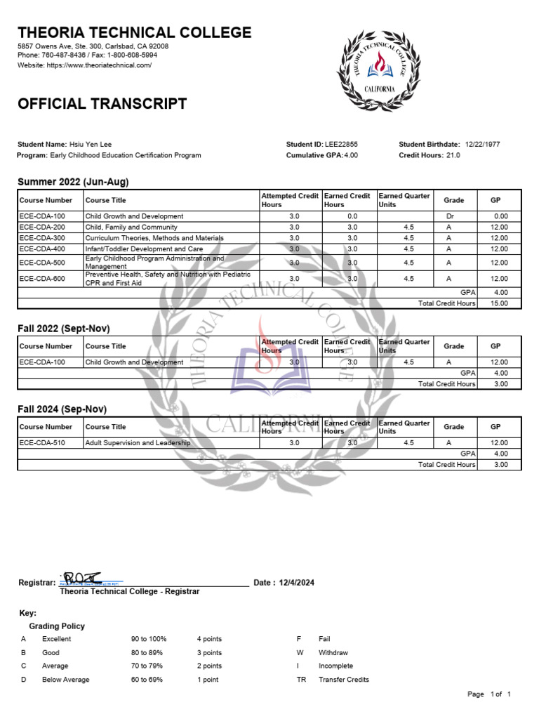 Hsiu Yen Lee Official Transcript - Signed | PDF | Family | Human Development
