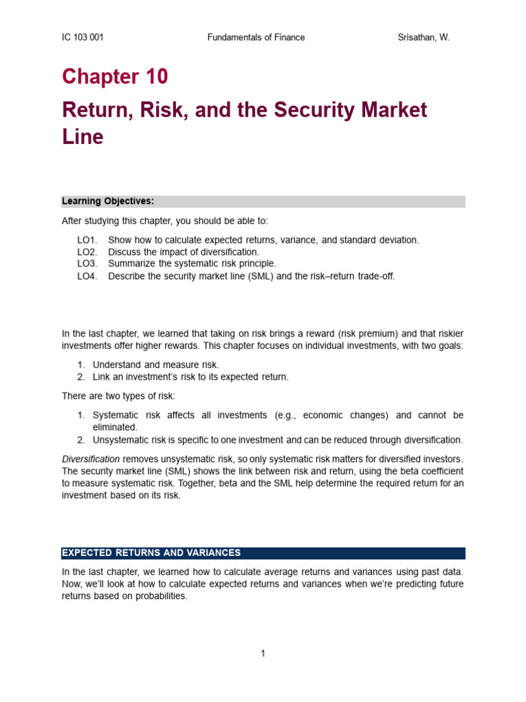 Chapter 10 - Return, Risk, and The Security Market Line | PDF ...