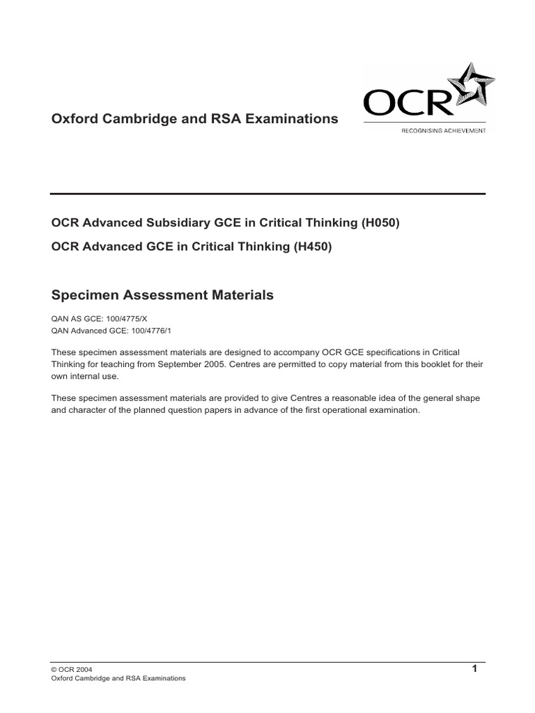Critical Thinking Paper 1 (With Answers) | PDF