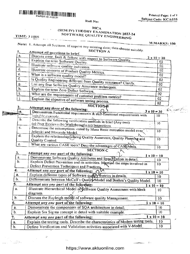 Mca 4 Sem Software Quality Engineering Kca035 Jun 2024 | PDF