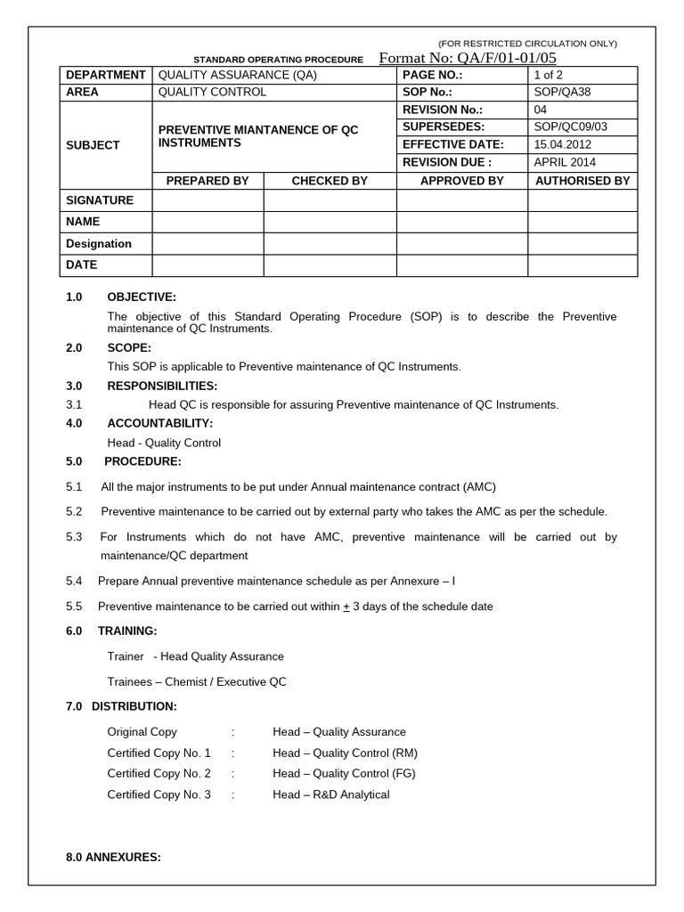 Preventive Maintenance SOP for QC Instruments | PDF | Quality Assurance ...