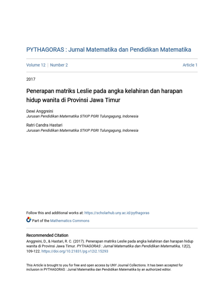 Penerapan Matriks Leslie Pada Angka Kelahiran Dan Harapan Hidup W | PDF