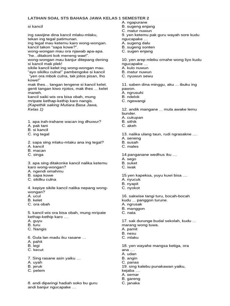 Latihan Soal STS Bahasa Jawa Kelas 1 Semester 2 | PDF