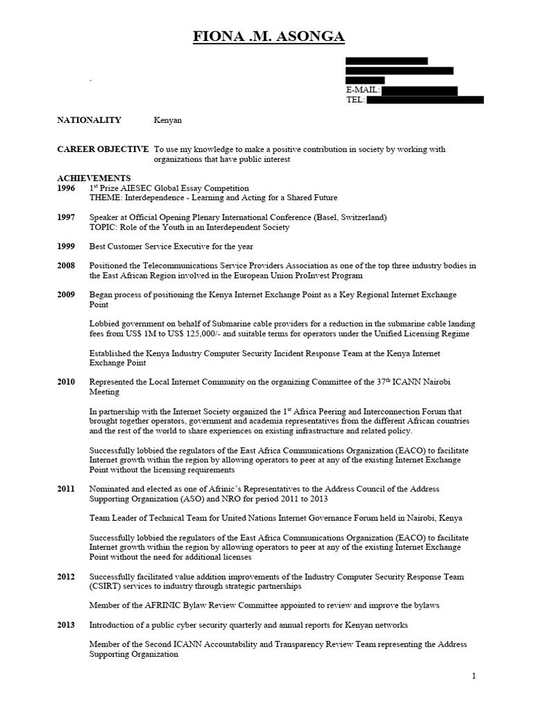 Fiona Asonga CV Redacted | PDF | Internet | Kenya
