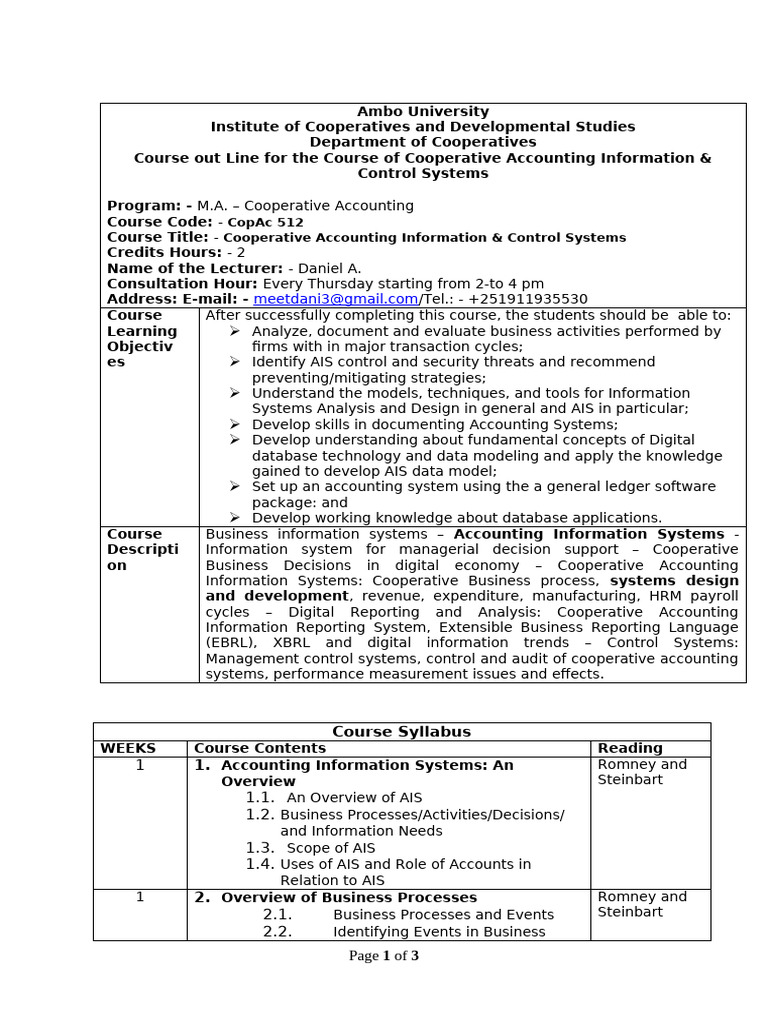 Course Outline Cooperative Accounting Information & Control Systems ...