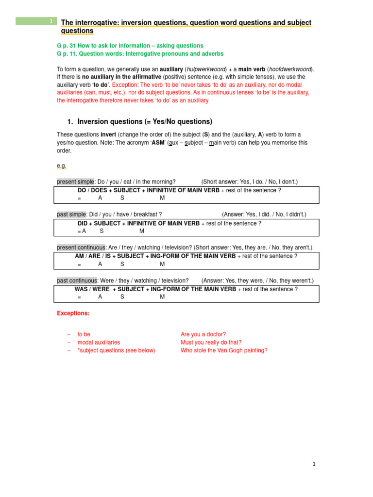 Inversion Questions - Question Word Questions - Subject Questions | PDF ...