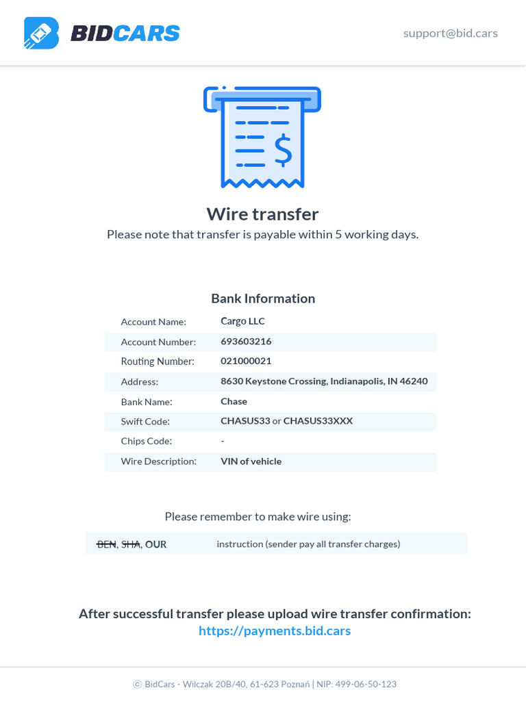 Wire Transfer Instructions for Cargo LLC | PDF