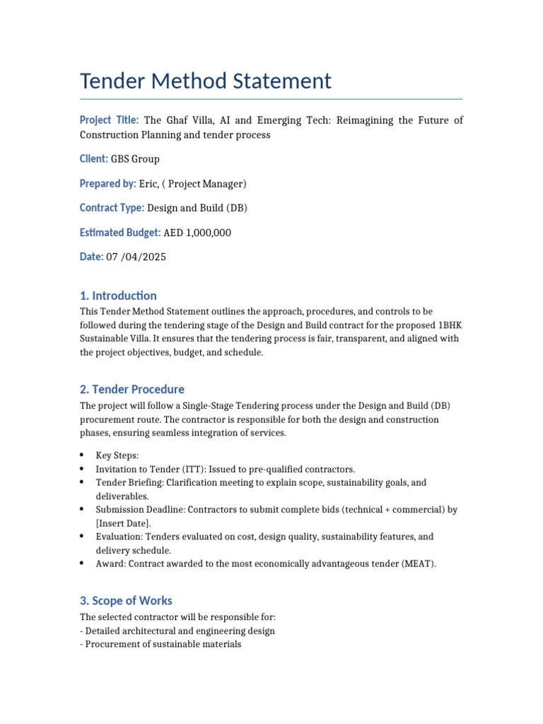 5 Tender Method Statement Ghaf Villa | PDF | Government Procurement In ...