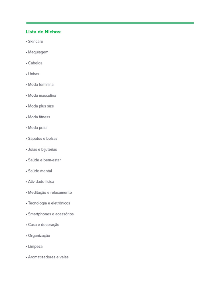 Lista de Nichos MAPA DO UGC | PDF