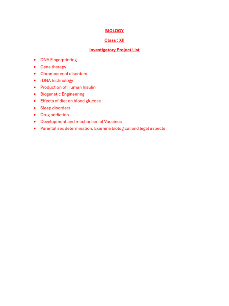 Biology Class: XII Investigatory Project List | PDF