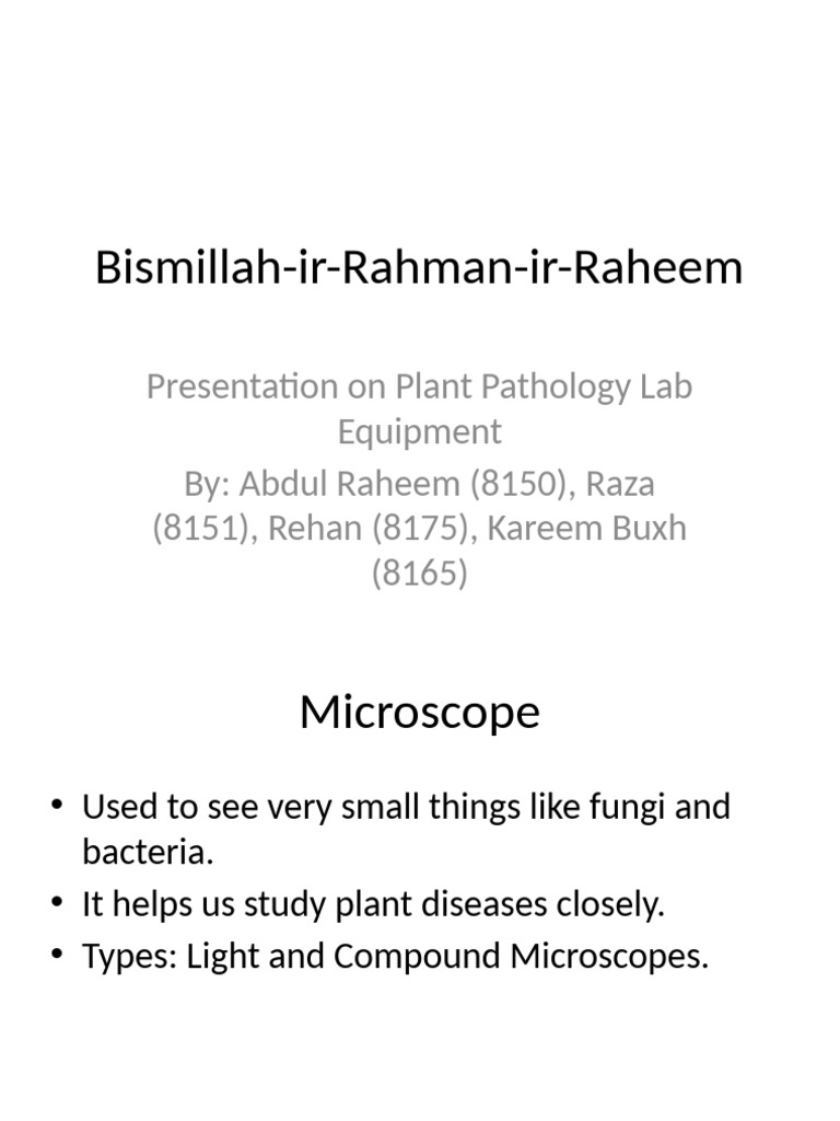 Plant Pathology Lab Equipment Presentation | PDF