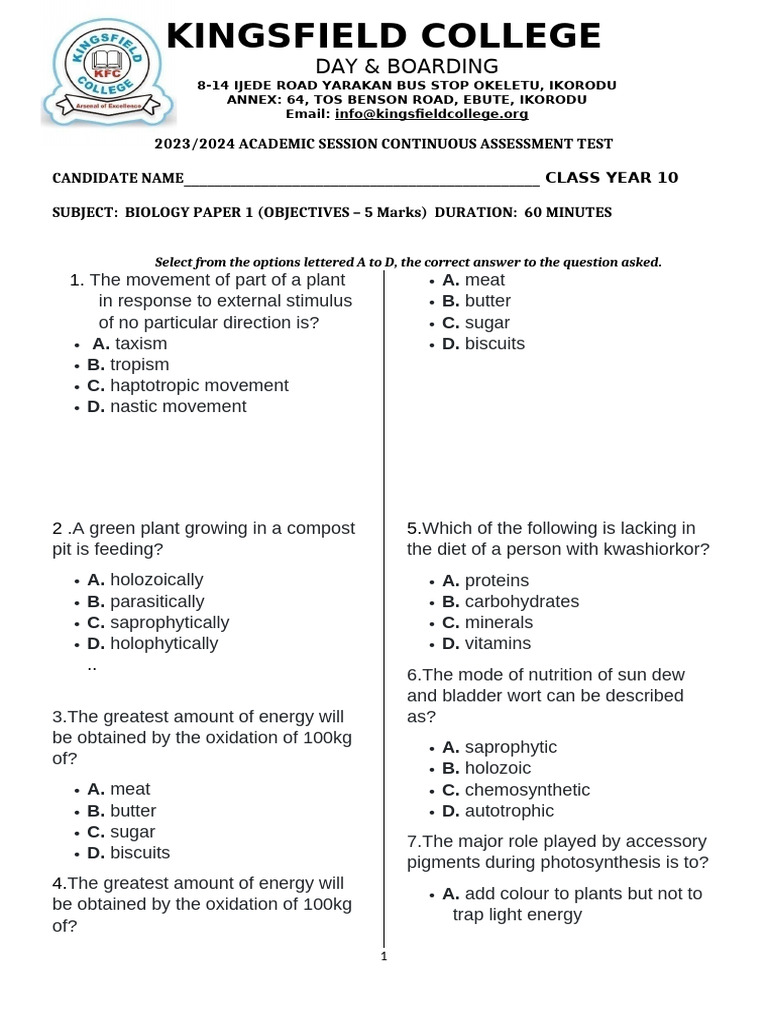 2023-2024 2ND C A - Year 10 Biology | PDF | Enzyme | Plants