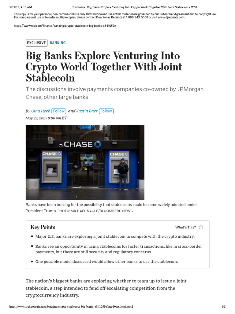0WSJ-Exclusive - Big Banks Explore Venturing Into Crypto World Together ...