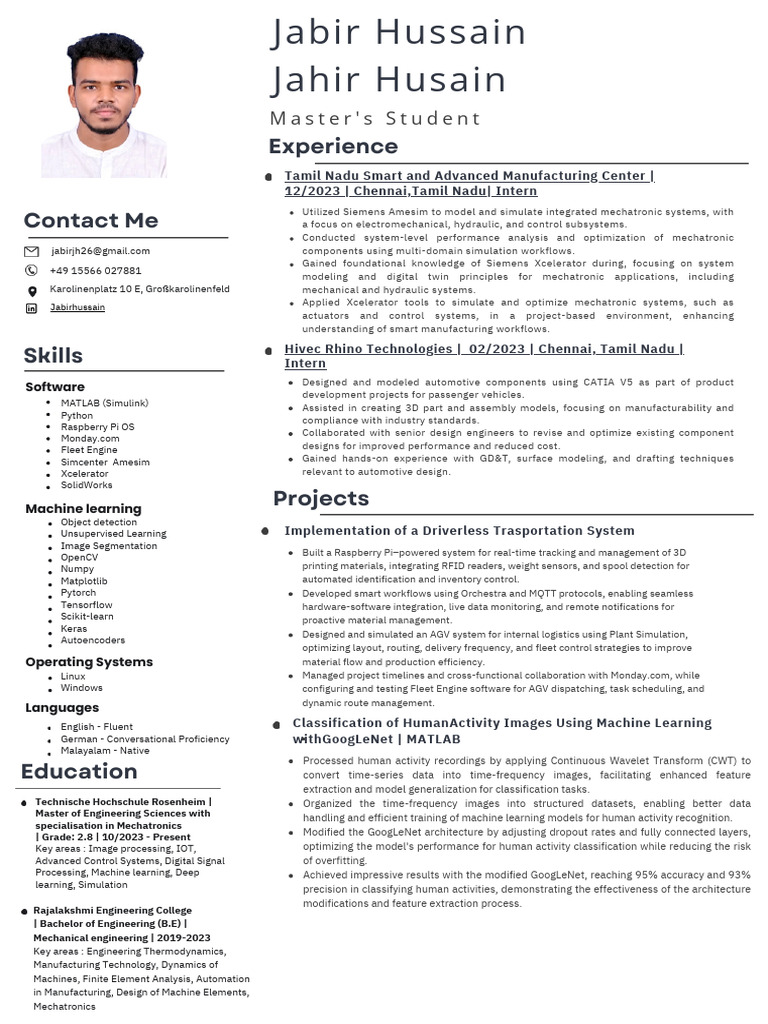 Jabir Hussain Jahir Husain Resume-1 | PDF | Mechatronics | Machine Learning