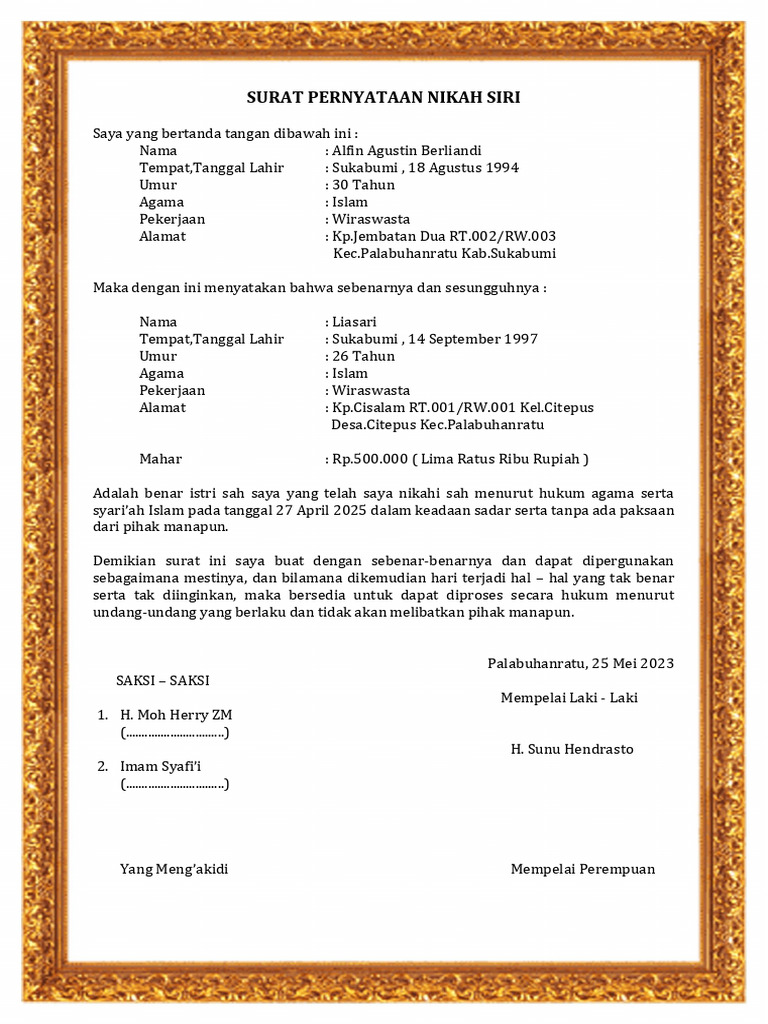 Surat Pernyataan Nikah Siri | PDF