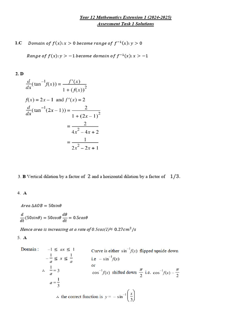 Year 12 Mathematics Extension 1 Task 1 Solutions | PDF