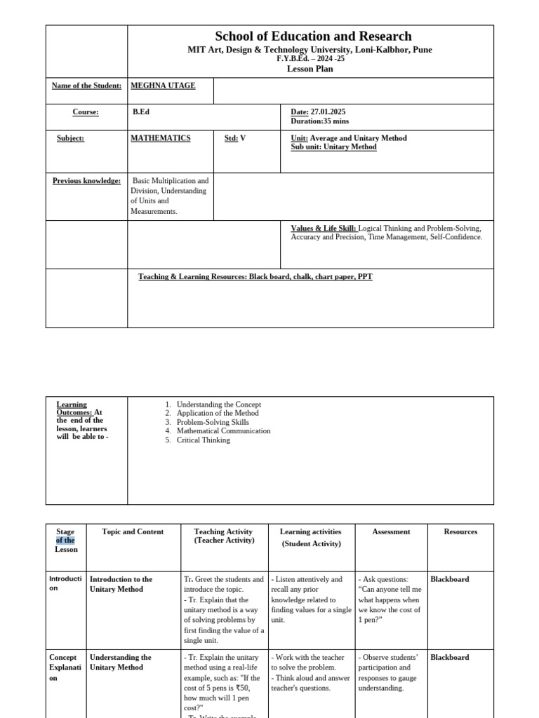 B.Ed Mathematics Lesson Plan: Unitary Method | PDF | Learning ...