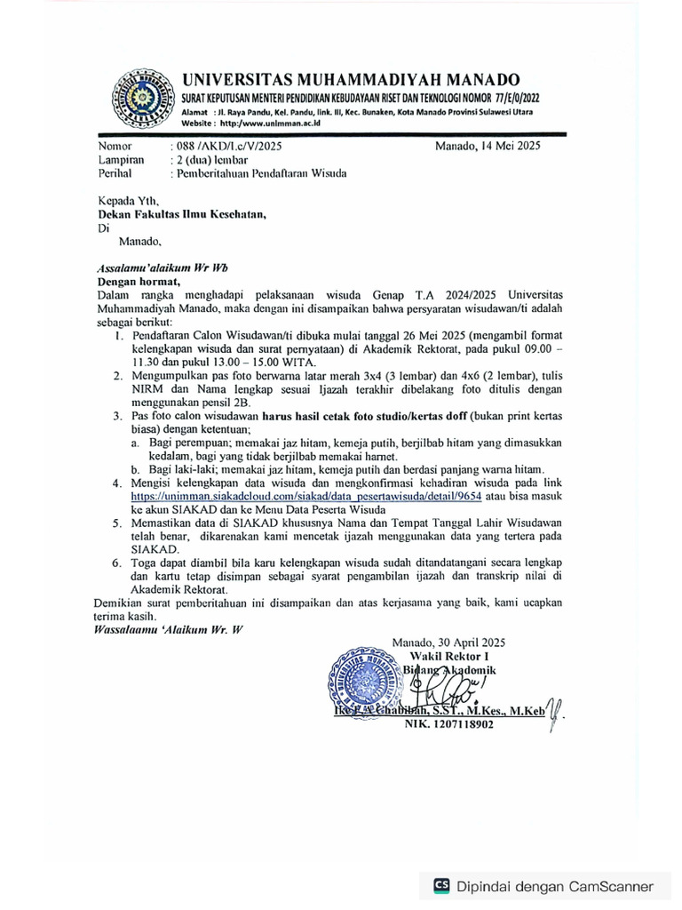 Surat Pemberitahuan Pendaftaran Wisuda | PDF
