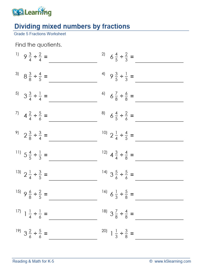 Grade 5 Dividing Mixed Numbers by Fractions A | PDF | Mathematical ...