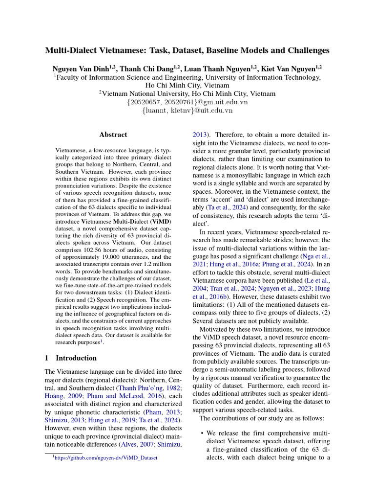 Multi-Dialect Vietnamese Task, Dataset, Baseline Models and Challenges ...