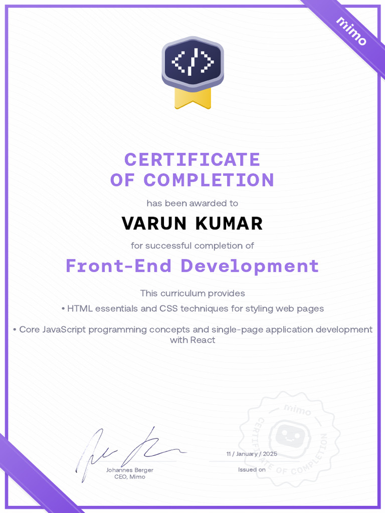 Mimo Front-End Development Certificate | PDF