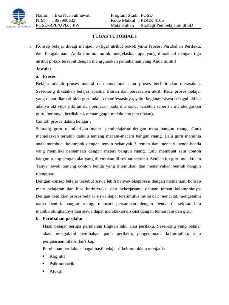 Sesi 3 Tugas Tutorial 1 Strategi Pembelajaran - Eka Nur Fatmawati | PDF