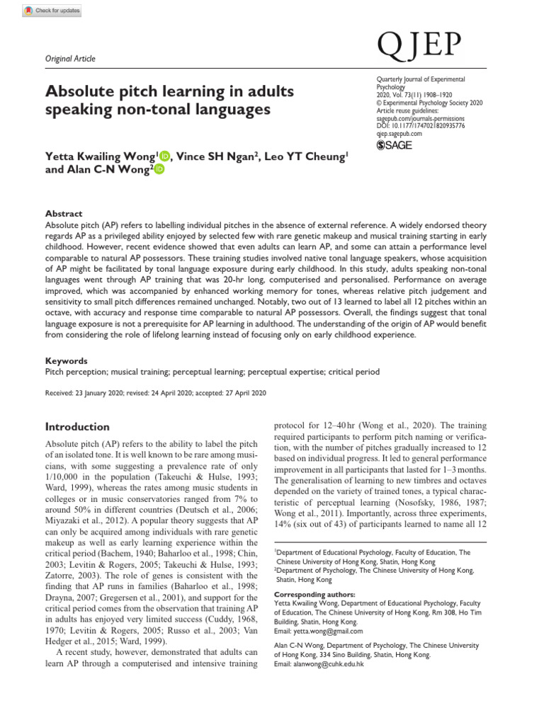 Wong Et Al 2020 Absolute Pitch Learning in Adults Speaking Non Tonal ...
