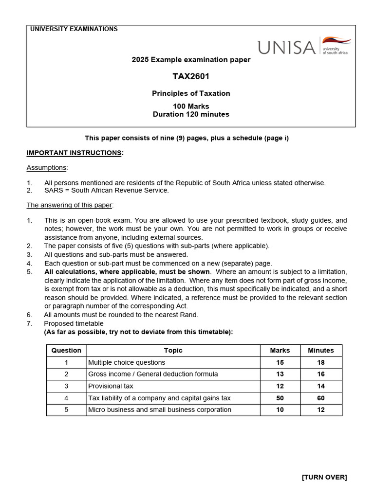 TAX2601 2025 Example Examination Paper | PDF | Taxes | Capital Gain