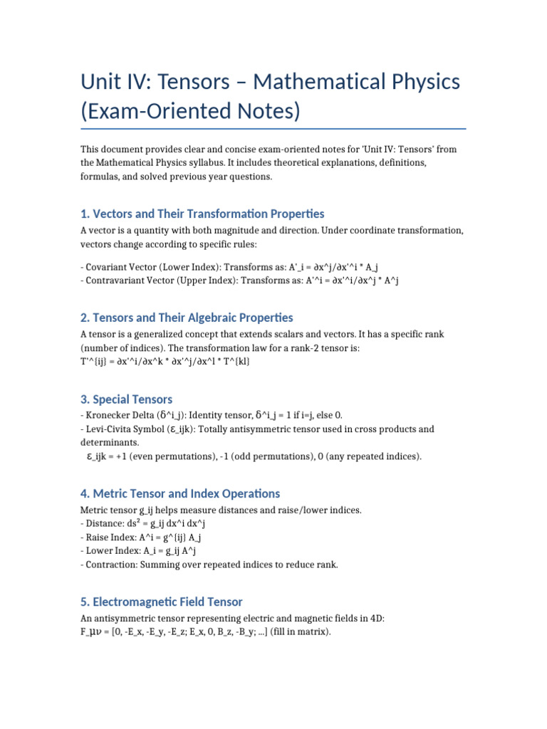 Unit IV Tensors Notes | PDF