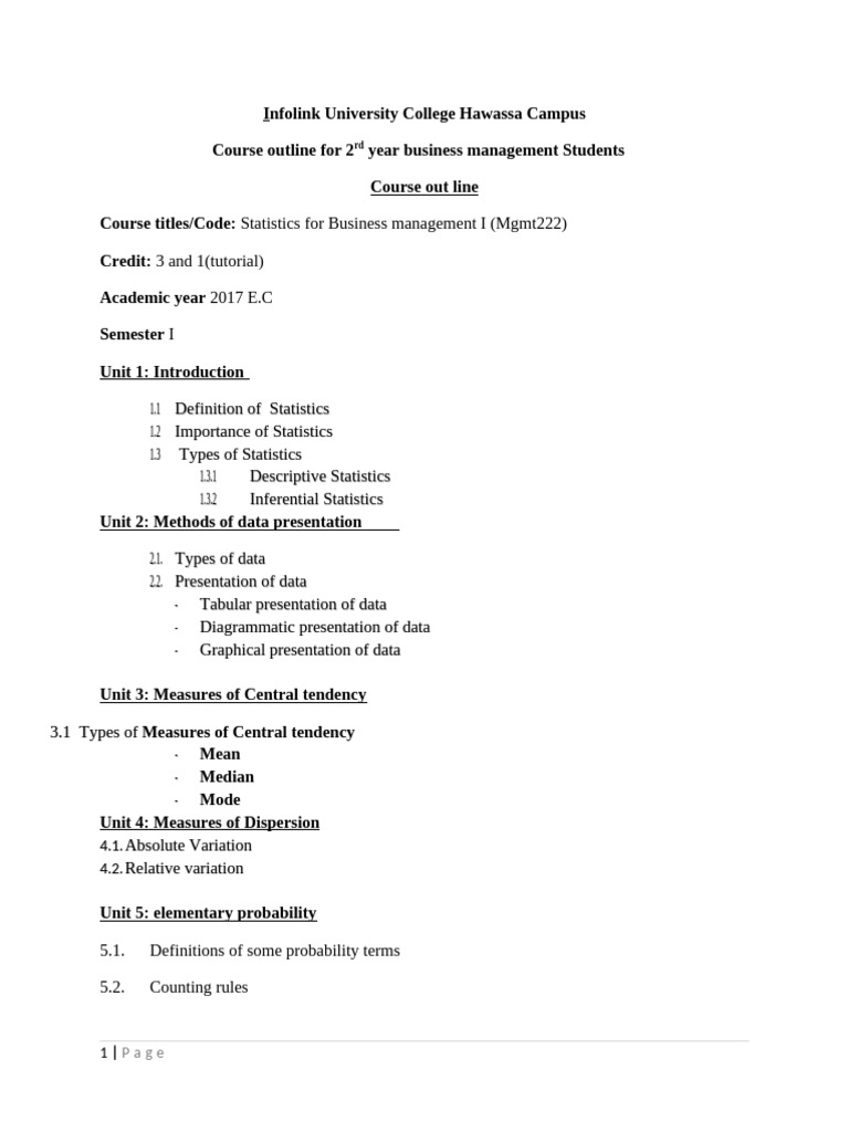 Course Outline Stat I For Management I | PDF