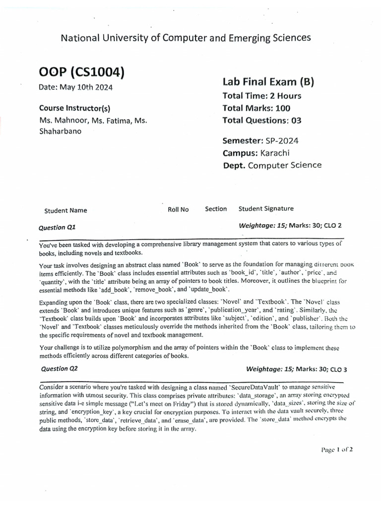OOP Lab Final Spring'24 Section J Paper II | PDF