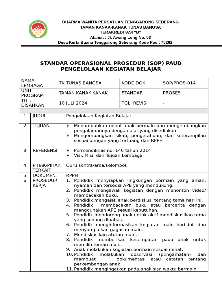 14 SOP PAUD PENGELOLAAN KEGIATAN BELAJAR | PDF