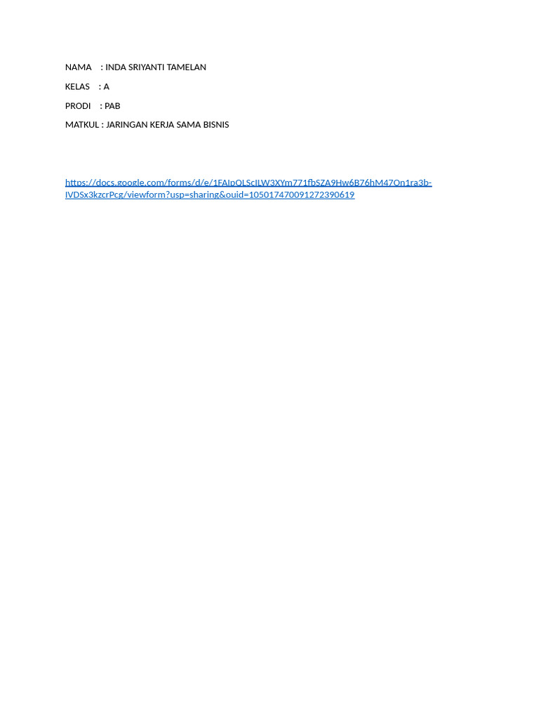 Nama: Inda Sriyanti Tamelan Kelas: A Prodi: Pab Matkul: Jaringan Kerja Sama Bisnis | PDF