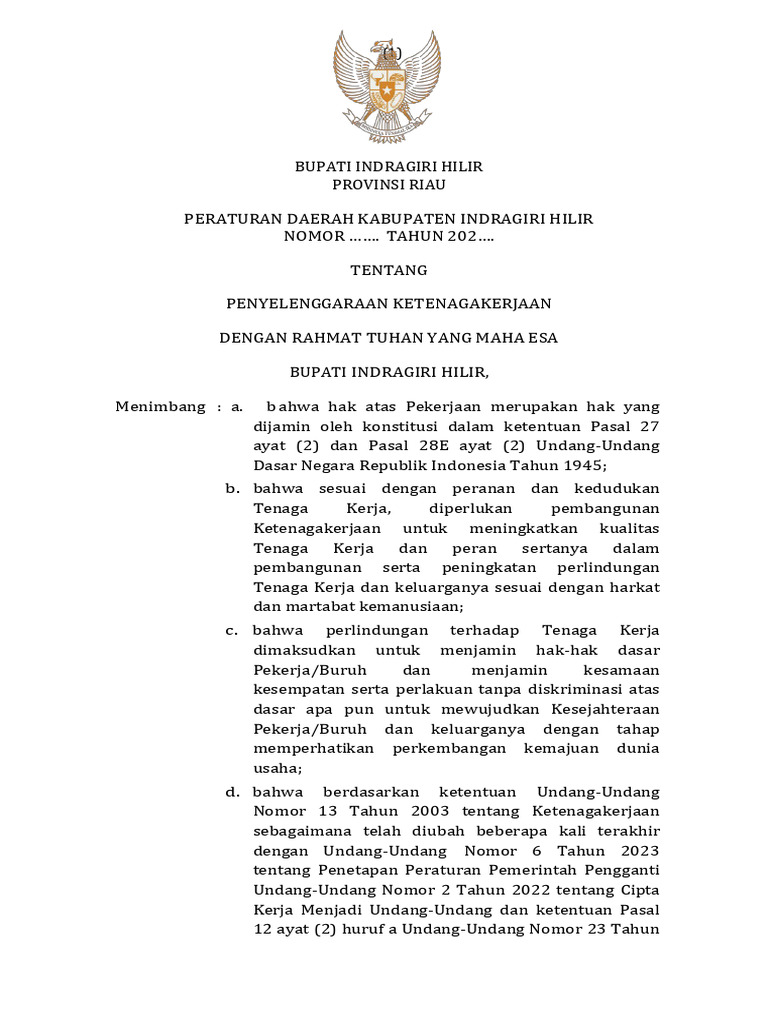 Draft Rancangan Perda Ketenagakerjaan (Inhil | PDF