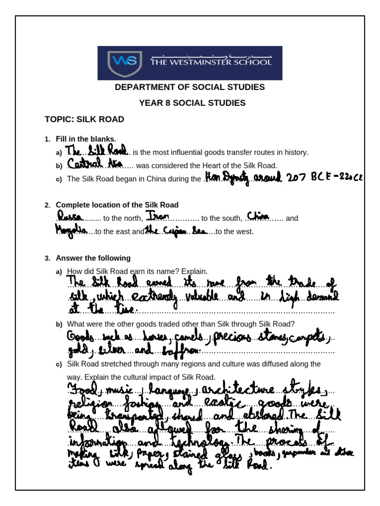 Yr8-Silk Road - Worksheet | PDF