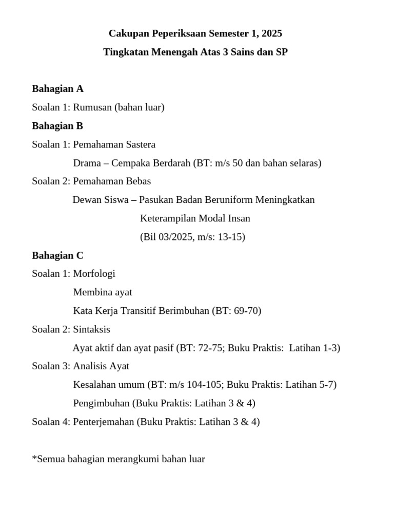 Cakupan Peperiksaan Semester 1 2025 TMA3 S SP | PDF