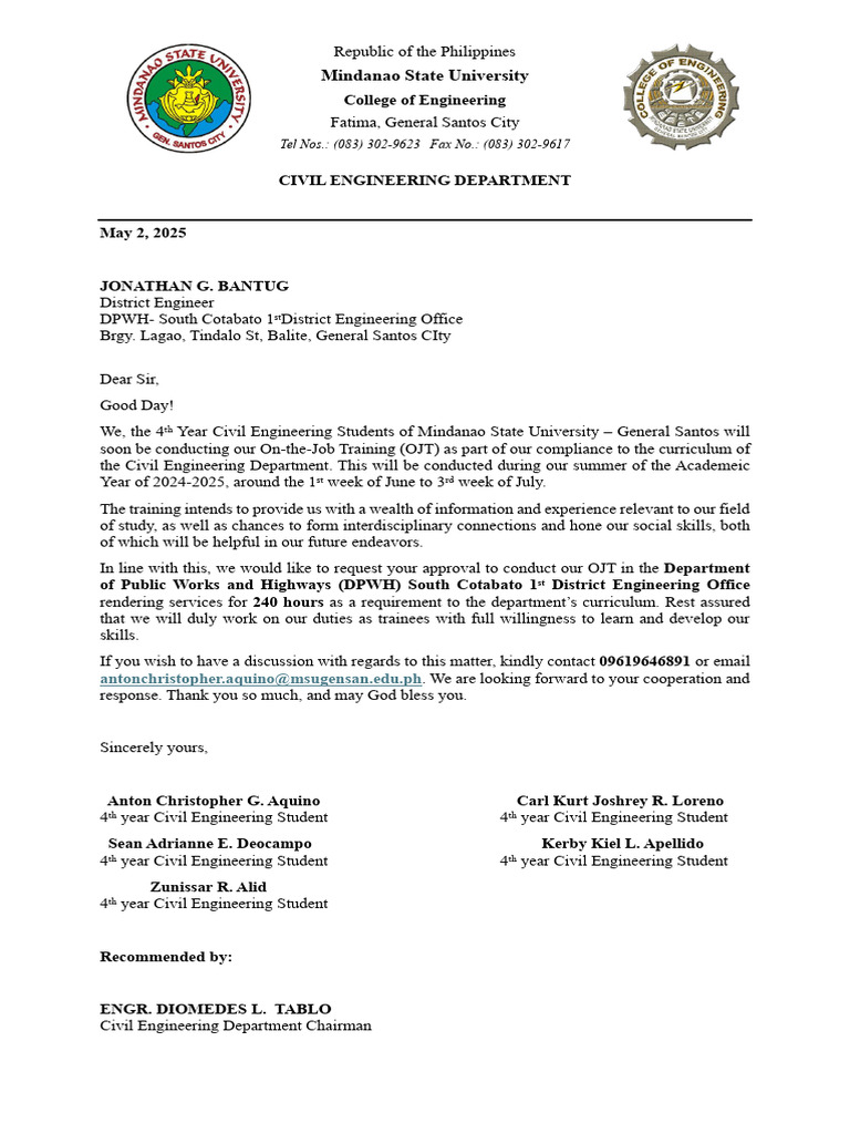 OJT Request for Civil Engineering Students | PDF