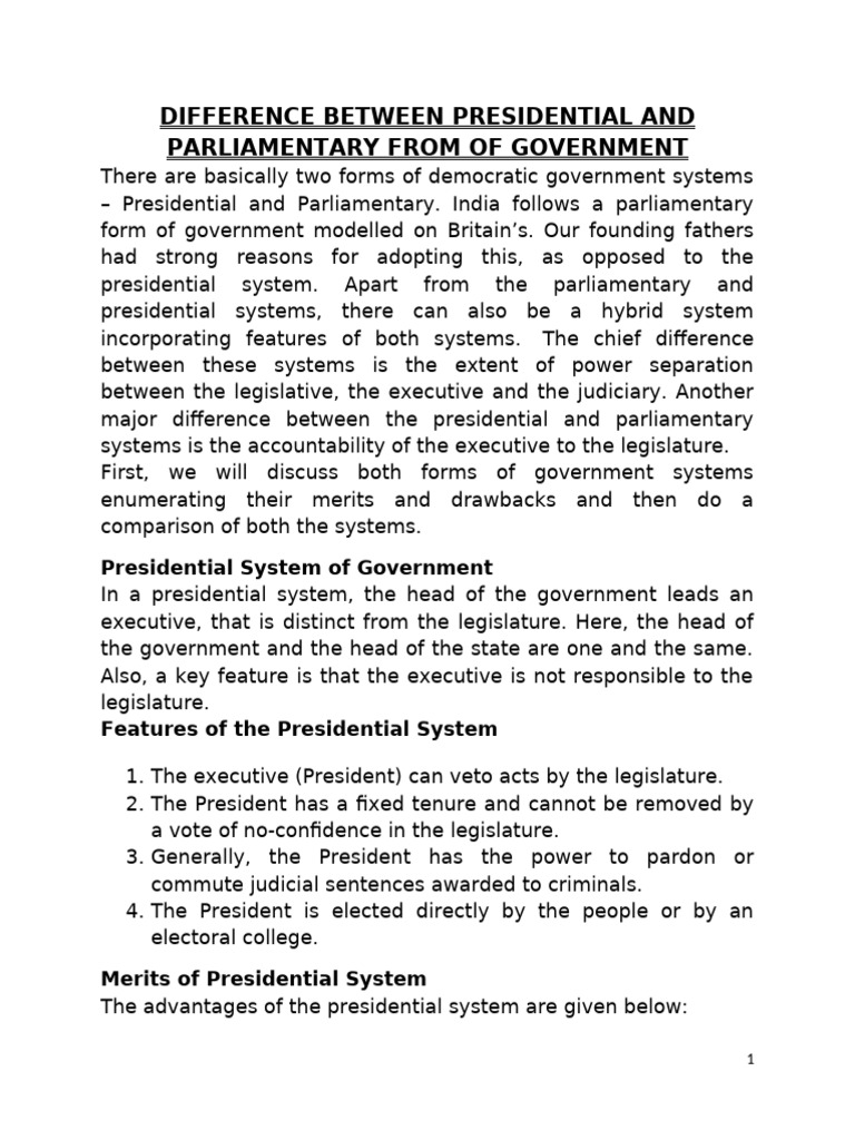 Presidential vs. Parliamentary Government | PDF | World Politics ...