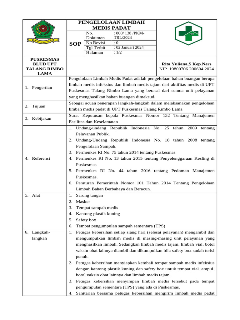 Sop Limbah Medis Padat-1 | PDF