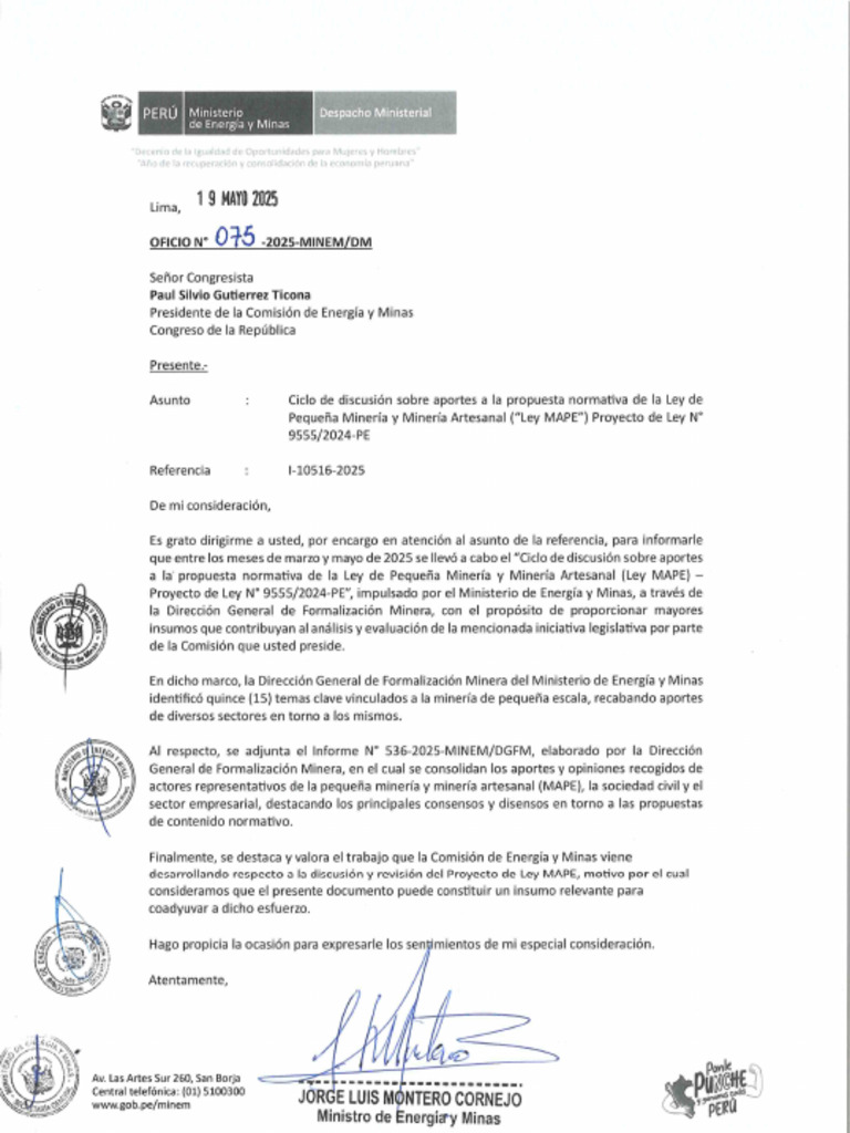 Oficio 075 2025 Minem DM 20250520 | PDF
