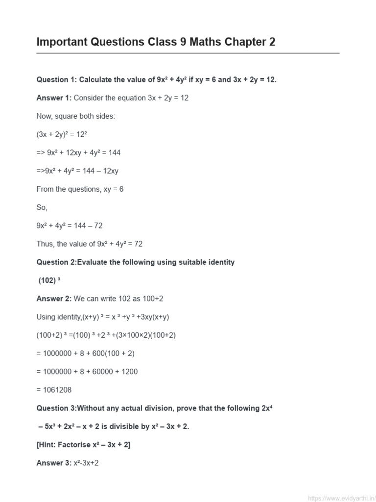 Class 9 Maths Ch 2 Important Questions | PDF | Area | Polynomial