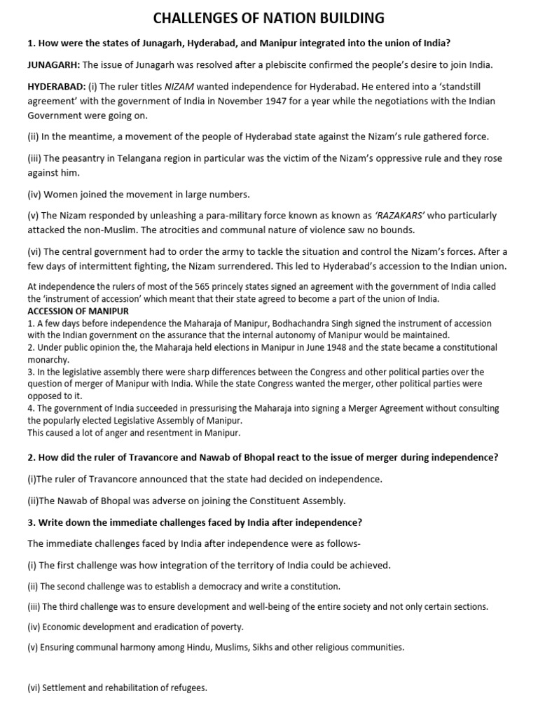 Challenges of Nation Building | PDF | Partition Of India | Two Nation ...